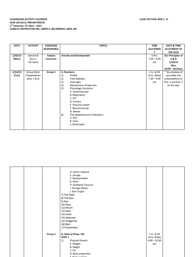 Classroom Activity Calendar Section 2D | PDF | Child Development ...