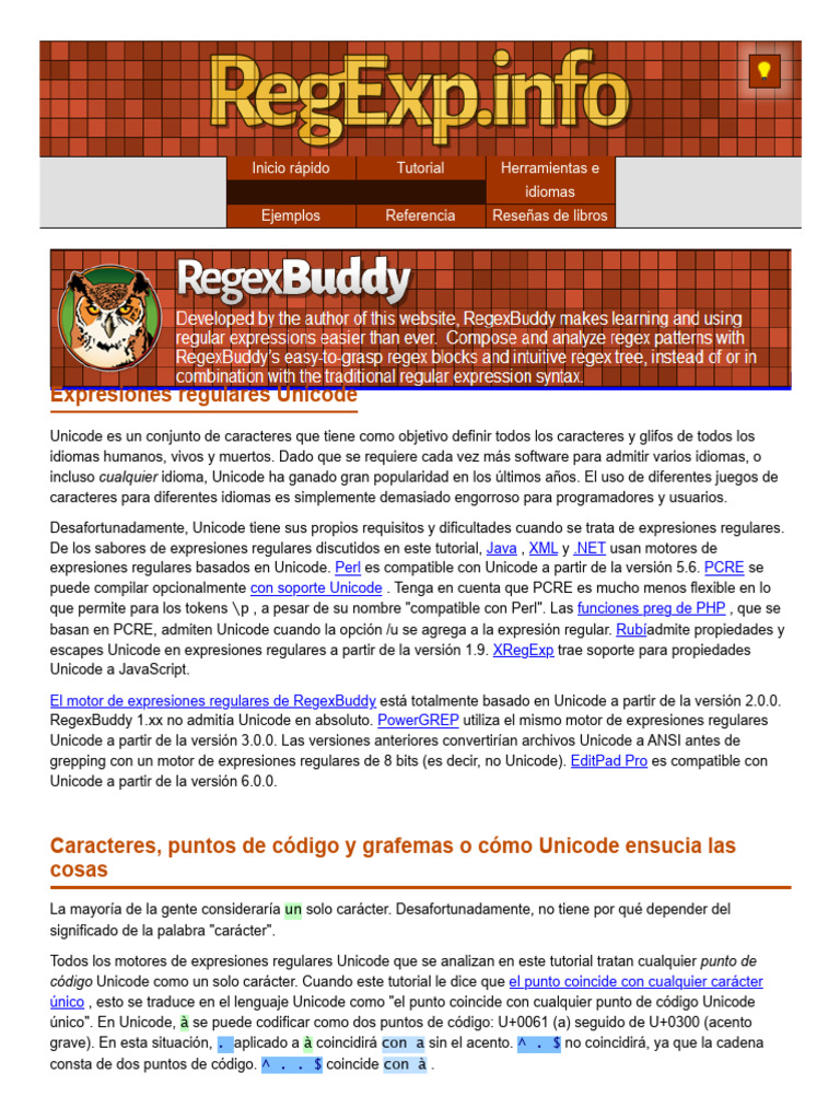 Tutorial Regex - Caracteres y Propiedades Unicode | PDF | Expresión regular | Ciencias de la ...