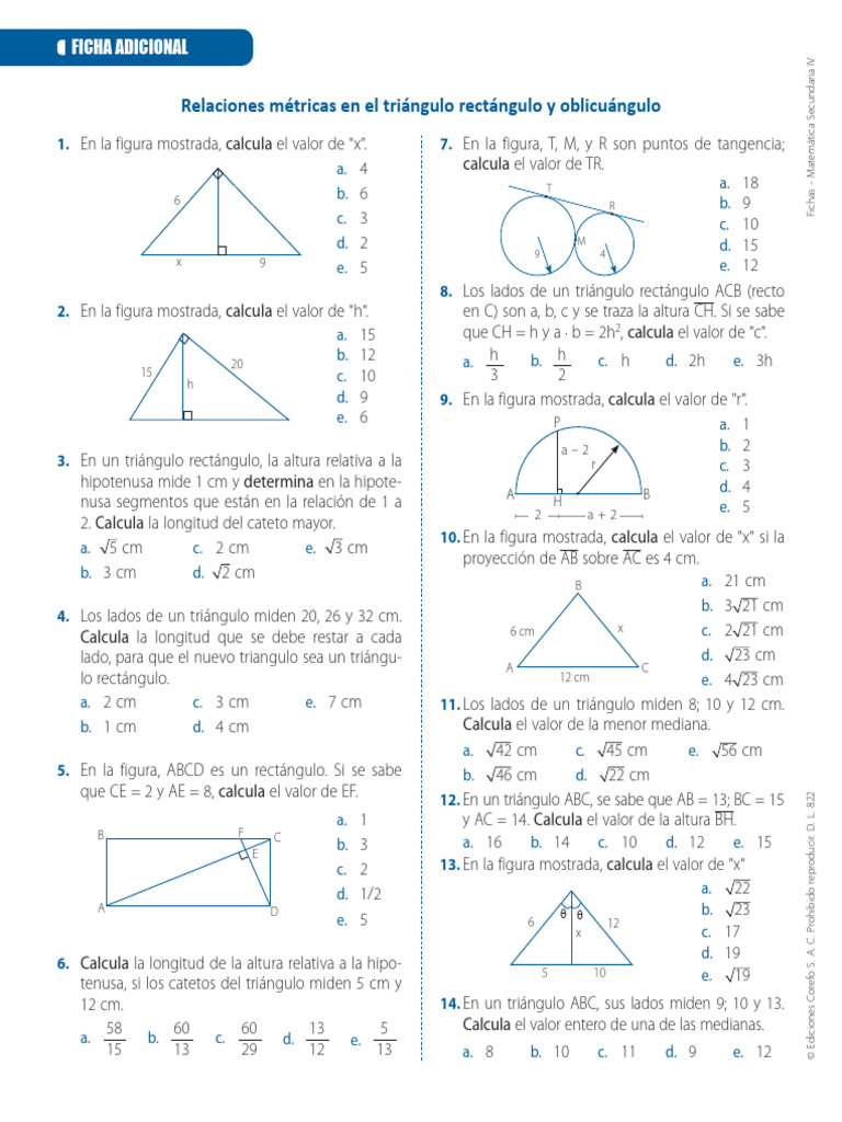 FA_ Relaciones métricas en el triángulo rectángulo | PDF | Triángulo | Matemática Elemental