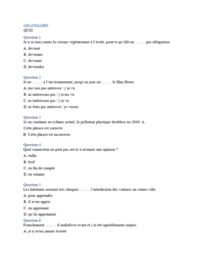 0 - Quizz de Grammaire Française | PDF | Linguistique