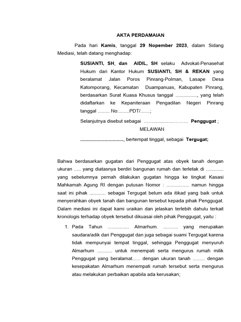 Akta Perdamaian Mediasi Perdata | PDF
