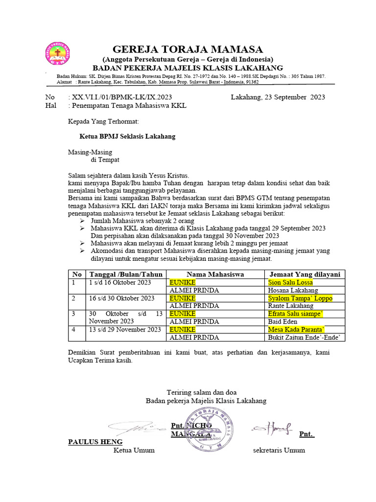1 Surat Penempatan Mahasiswa KKL | PDF