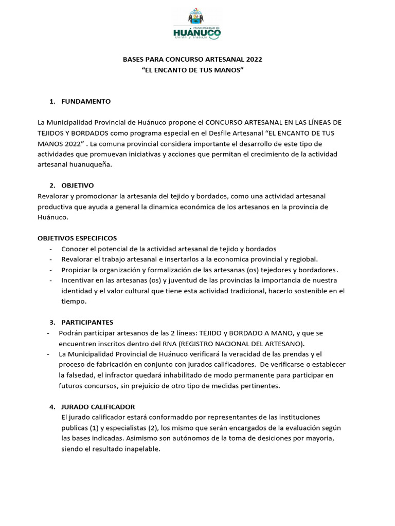 Bases Del Concurso El Encanto de Tus Manos | PDF