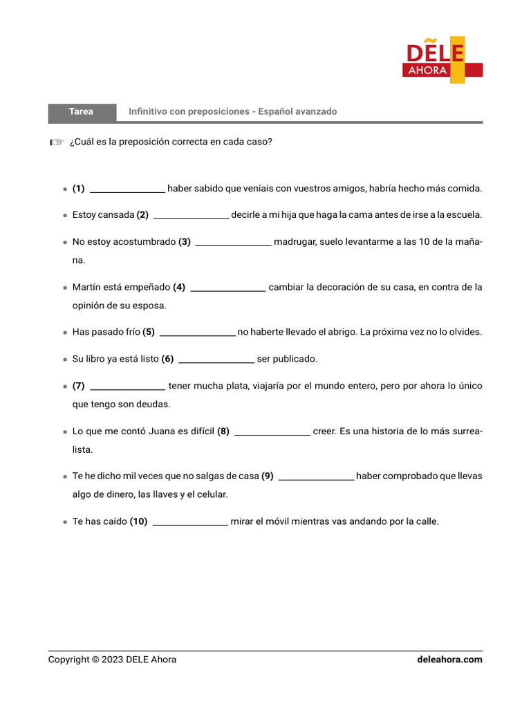 Infinitivo Con Preposiciones Espanol Avanzado | PDF