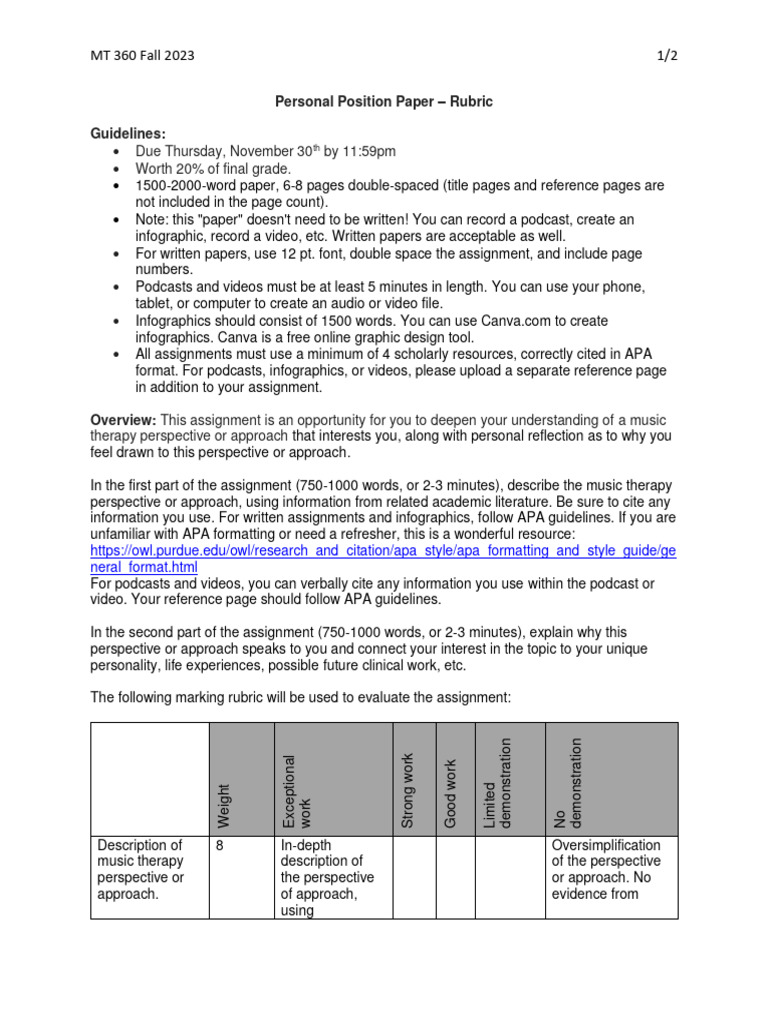 MT360 Fall 2023 Personal Position Paper Rubric | PDF | Apa Style ... MT360 Fall 2023 Personal Position Paper Rubric | PDF | Apa Style ...
