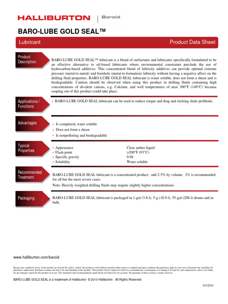 Baro-Lube Gold Seal Pds | PDF | Lubricant | Solubility