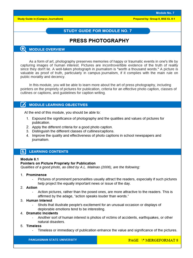 Press Photography: Study Guide For Module No. 7 | PDF | Journalism