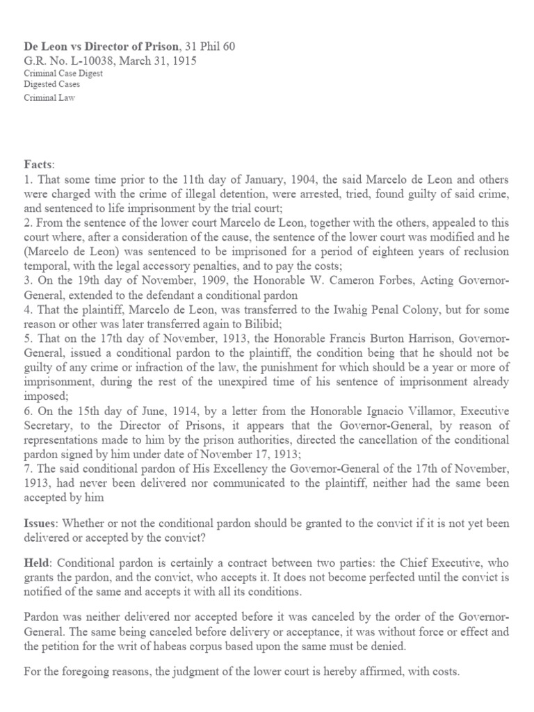 De Leon vs Director of Prison Case Summary | PDF | Pardon | Prison