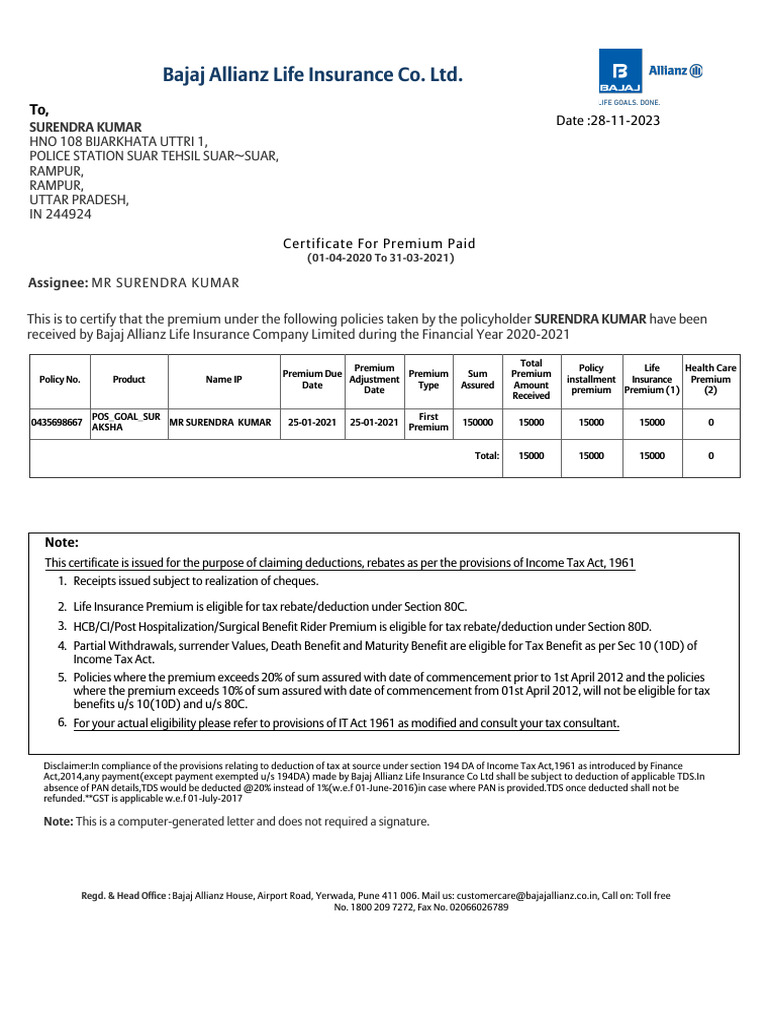 Premium Paid Certificate | PDF | Life Insurance | Insurance