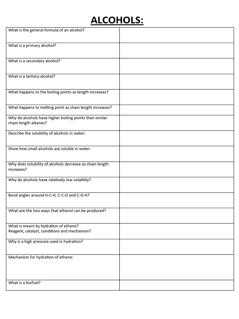 ALCOHOLS Quiz Sheet | PDF | Ethanol | Aldehyde