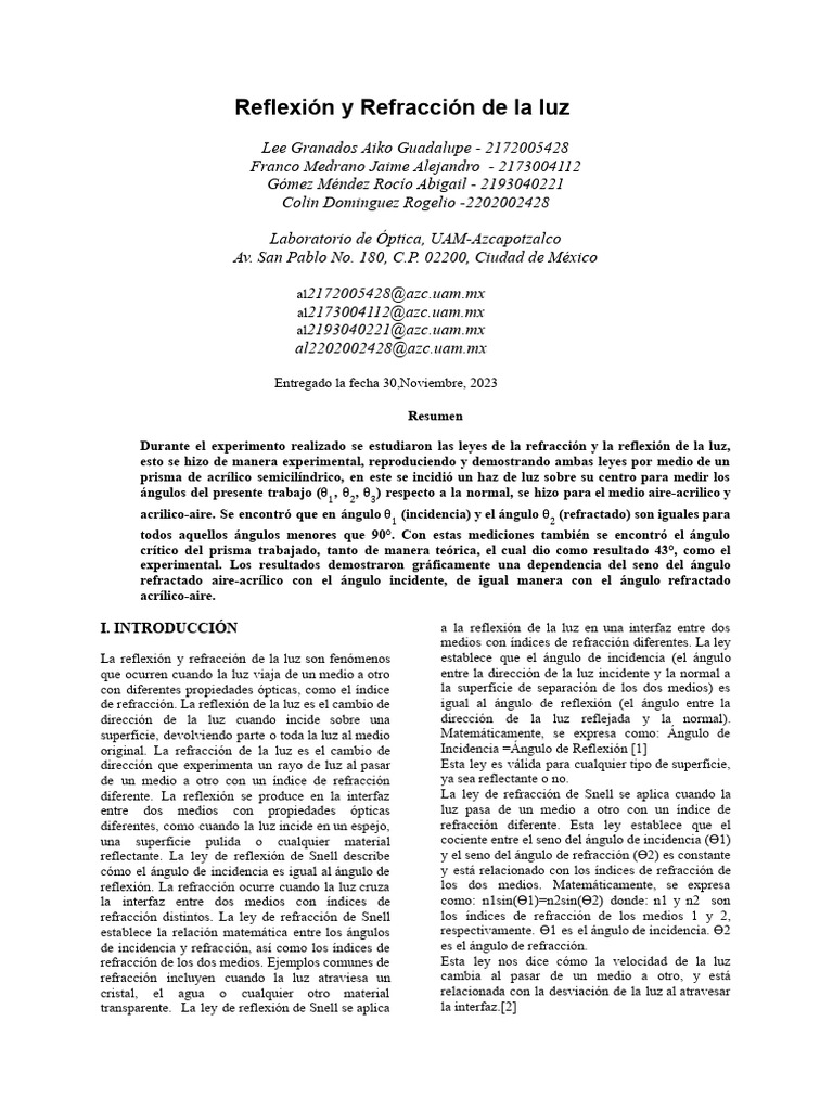 Practica 1 Reflexion y Refraccion | PDF | Refracción | Reflexión (Física)