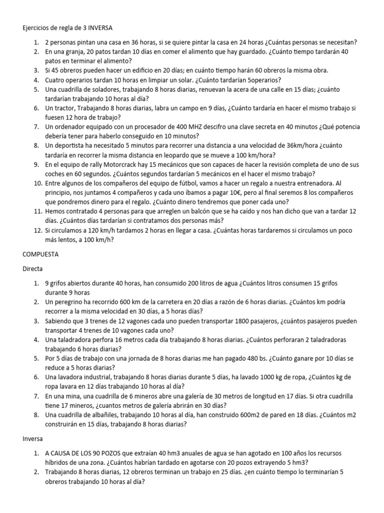 Ejercicios de Regla de Tres Inversa | PDF | Hogar, jardinería y ...