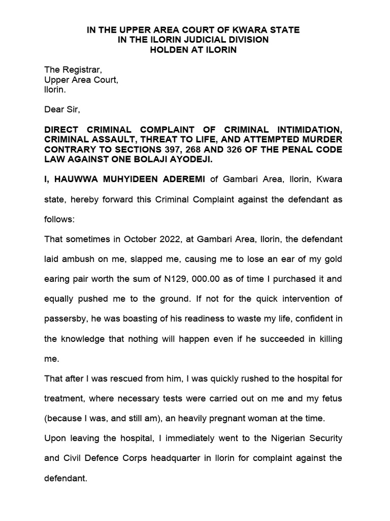 Direct Criminal Complaint for Intimidation | PDF | Law