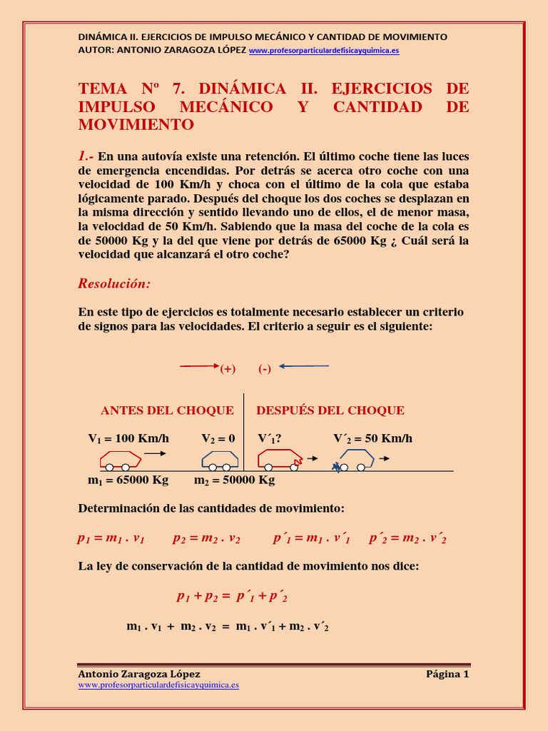 Tema7 Dinamica II Ejercicios Impulso Mecanico y Cantidad de Movimiento Primero Bachillerato ...