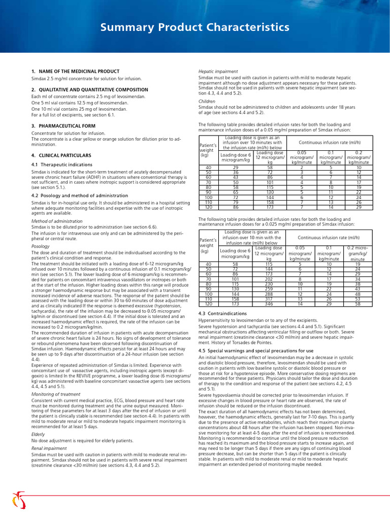 Simdax SPC | Download Free PDF | Heart Failure | Intravenous Therapy