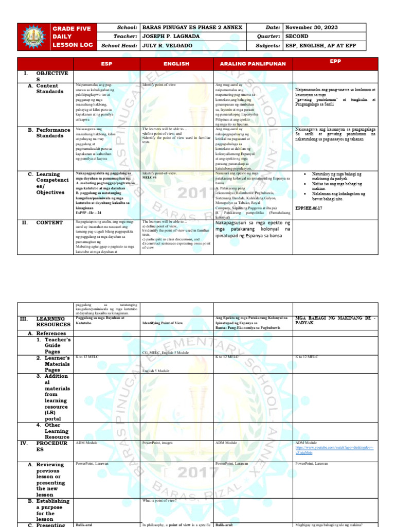 DLL Grade 5 Week 1 Q2 Nov30 | PDF