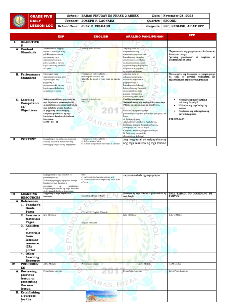 DLL Grade 5 Week 1 Q2 Nov28 | PDF