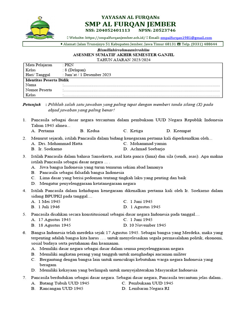Format Lembar Soal ASAS PKN | PDF