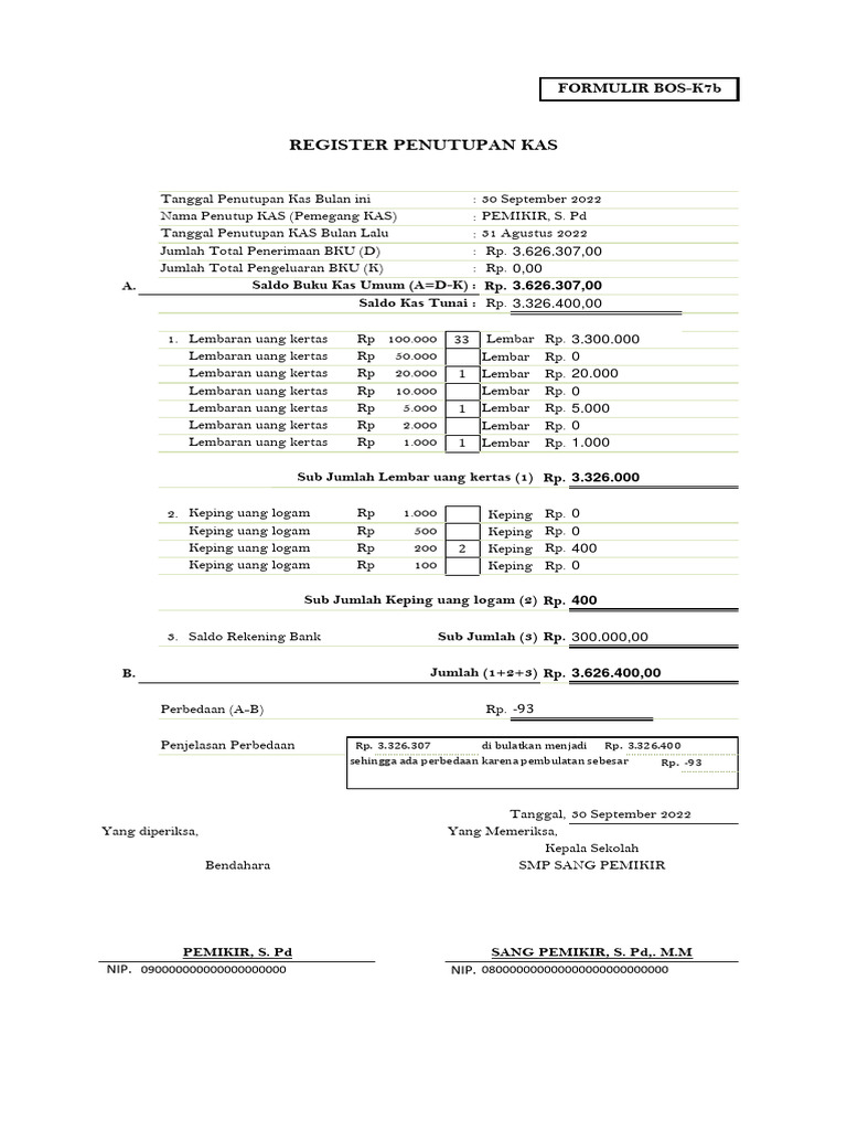 Contoh Register Tutup Kas (Sesuai Dengan ARKAS) | PDF