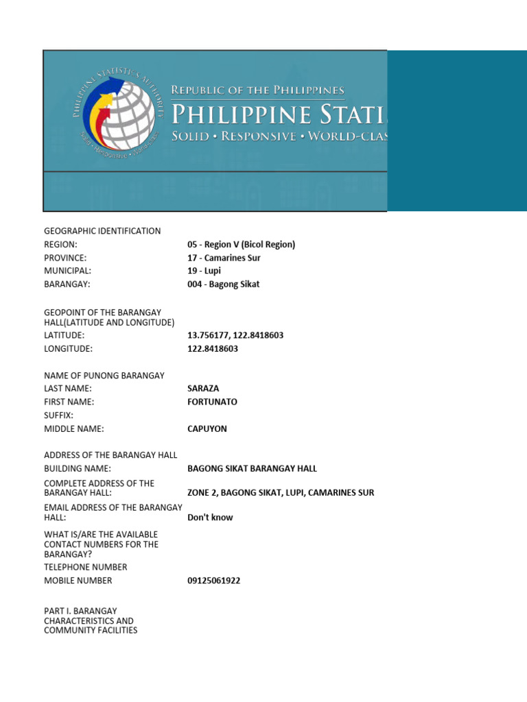 Barangay Profile Questionnaire - Barangay 004 - Bagong Sikat | PDF ... Barangay Profile Questionnaire - Barangay 004 - Bagong Sikat | PDF ...