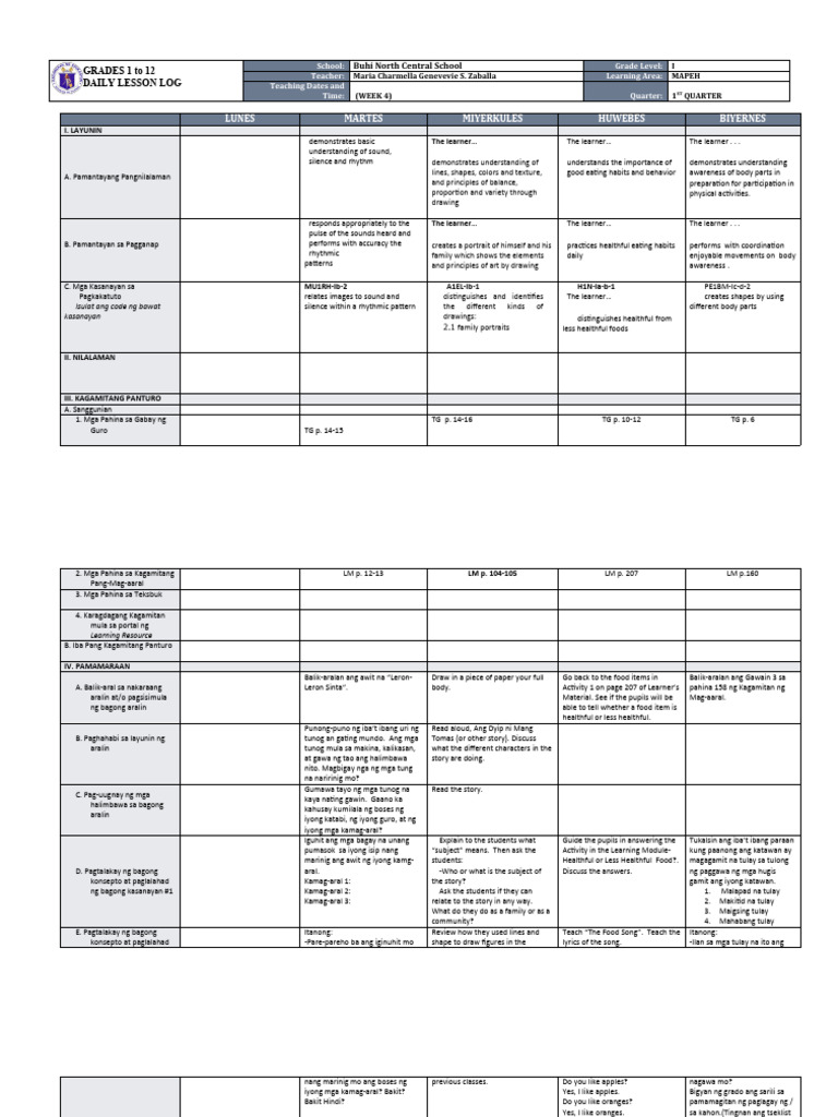 DLL - Mapeh 1 - Q1 - W4 | PDF | Learning | Rhythm