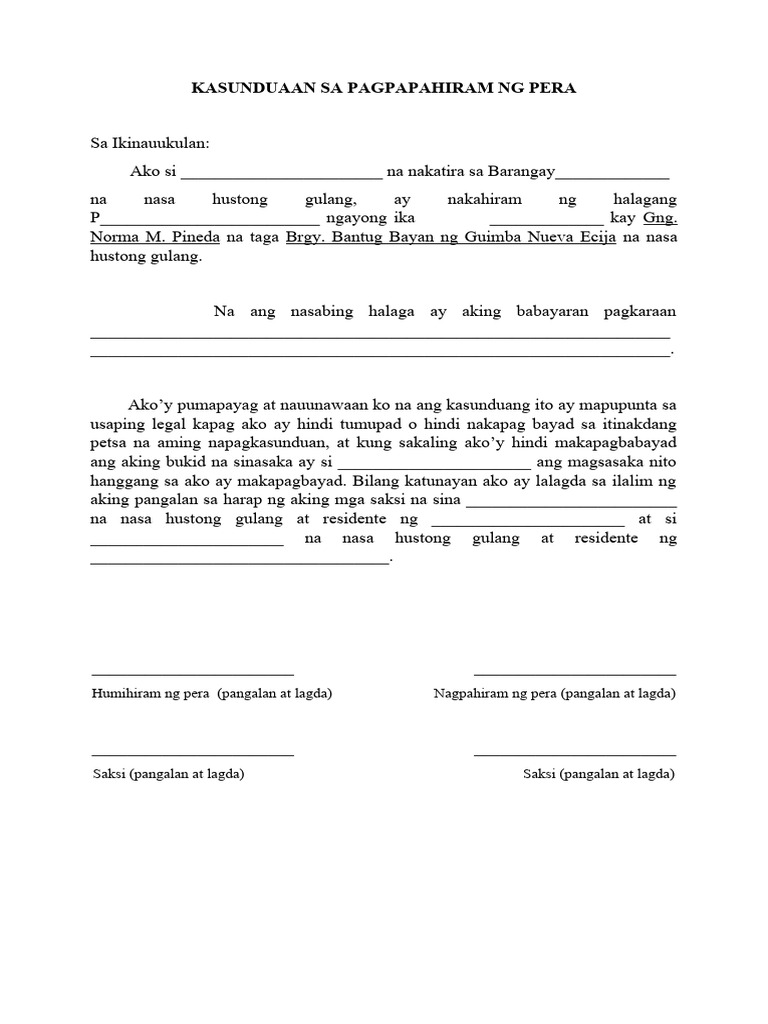 Kasunduaan Sa Pagpapahiram NG Pera | PDF