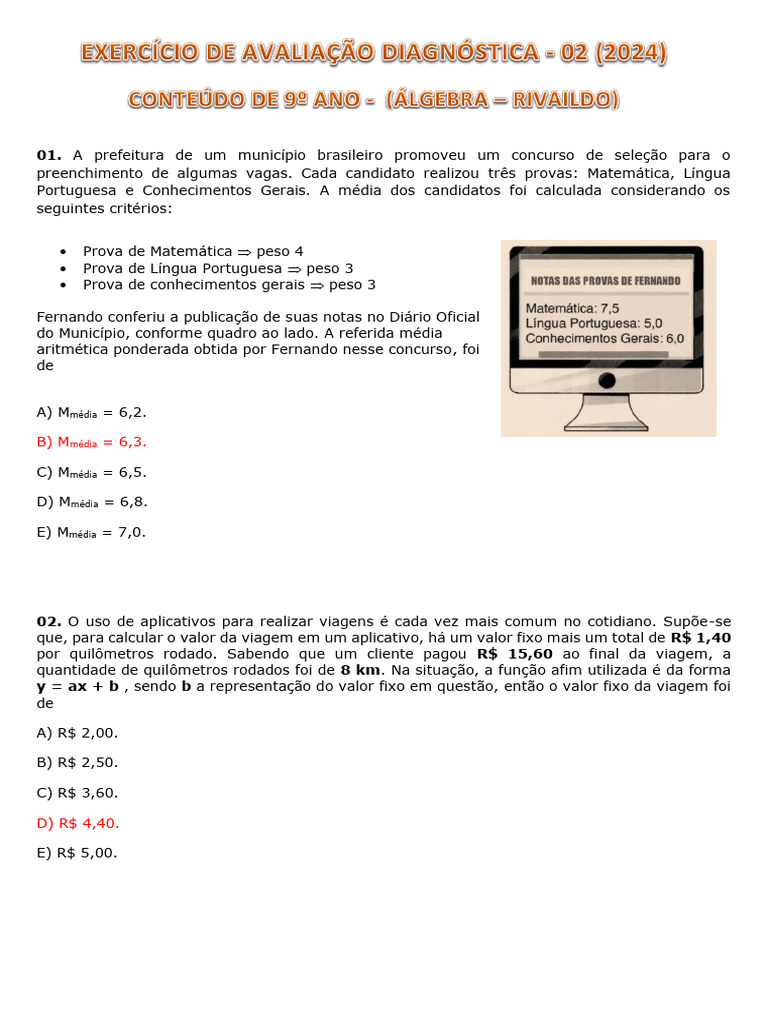 Provas de Matemática para 7º Ano | PDF | Matemática