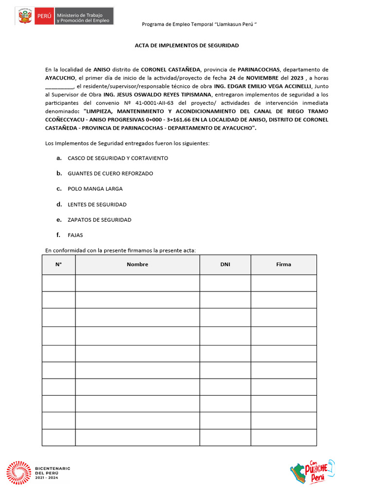 Acta de Entrega de Implementos de Seguridad | PDF