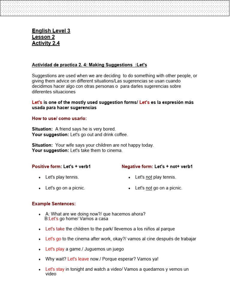 English Level 3 Lesson 2 Activity 2.4: Let's Let's | PDF