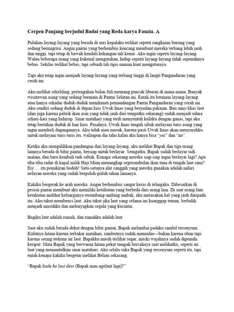 Cerpen Panjang Berjudul Badai Yang Reda Karya Fauzia | PDF