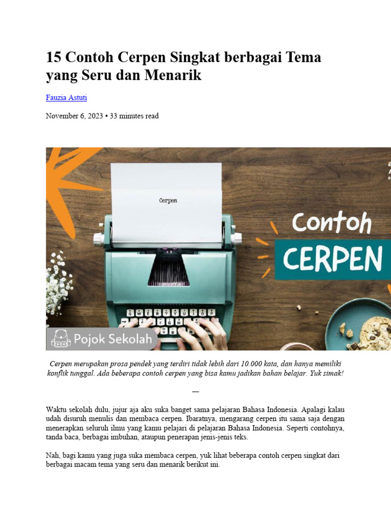 15 Contoh Cerpen Singkat Berbagai Tema Yang Seru Dan Menarik | PDF