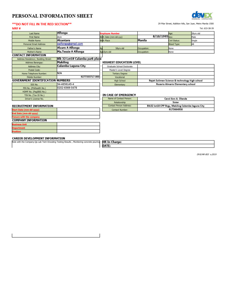 HR 003 Personal Information Sheet 2023 | PDF