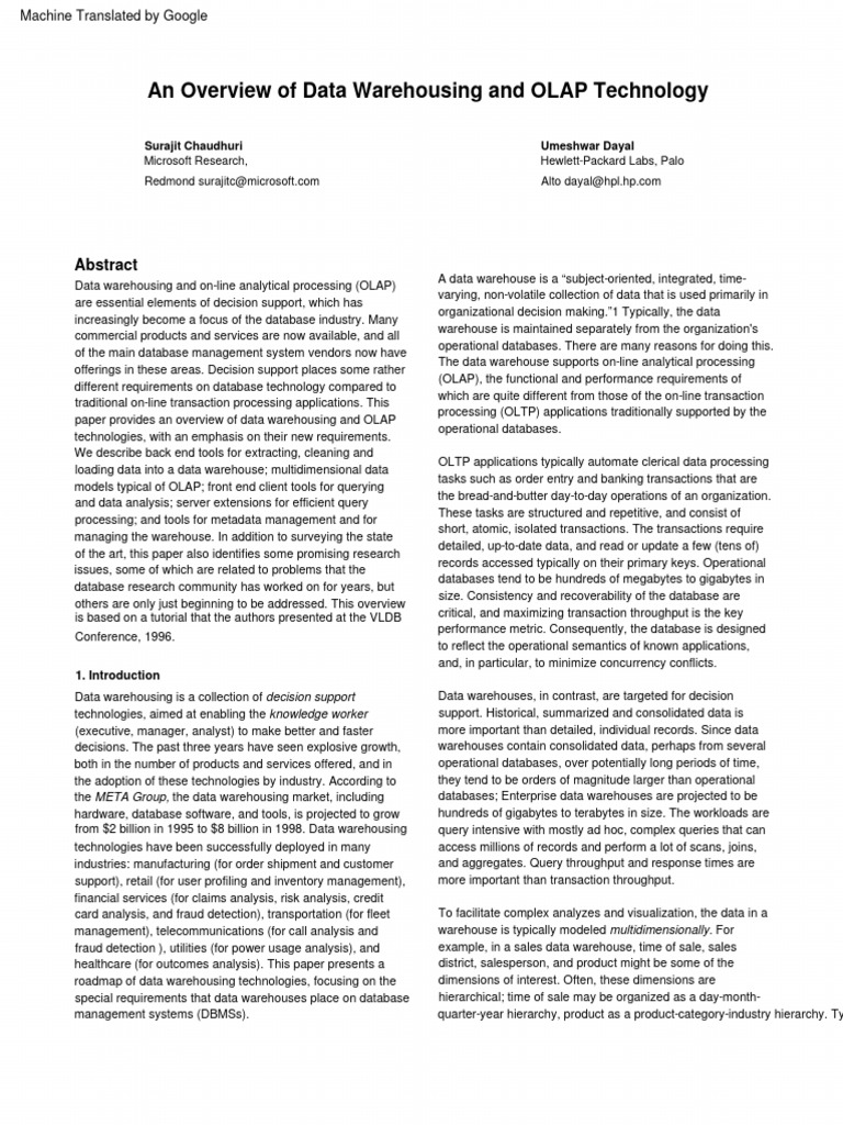 An Overview of Data Warehousing and OLAP Technology: Microsoft Research, Hewlett-Packard Labs ...