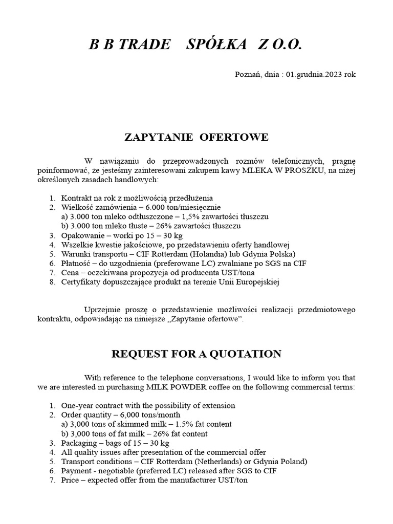 MILK POWDER Quotation | PDF