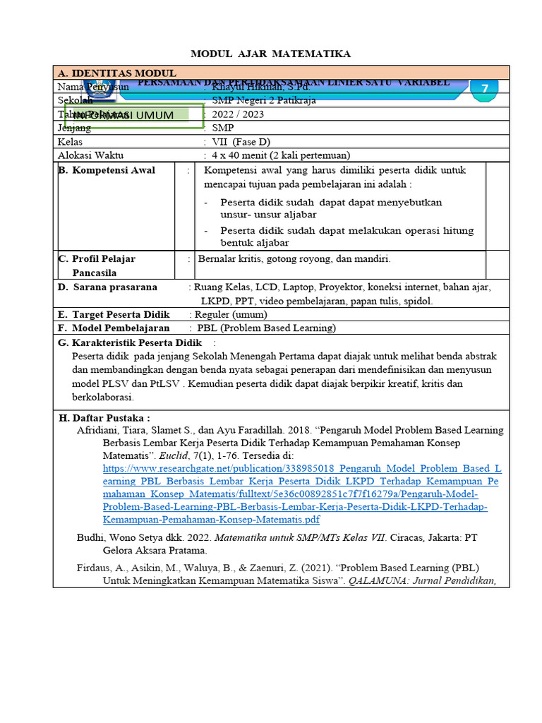 Contoh Modul Ajar PLSV PBL | PDF | Karier & Perkembangan | Komputer