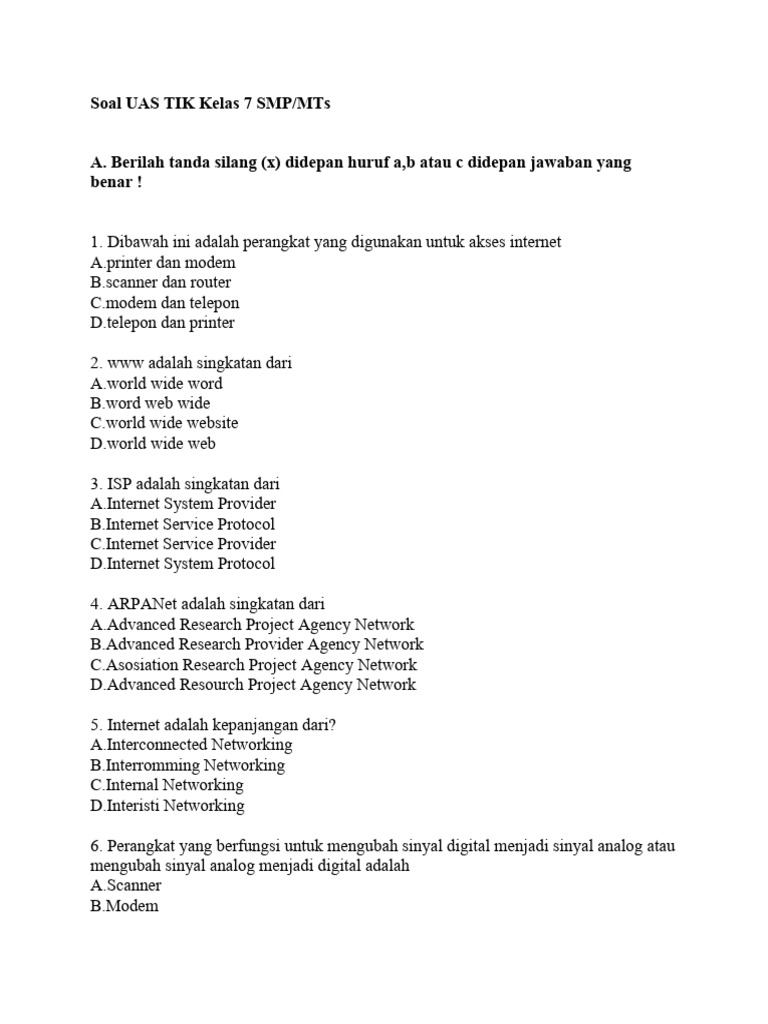 Soal UAS TIK Kelas 7 SMP MTs Semester Ganjil | PDF | Komputer