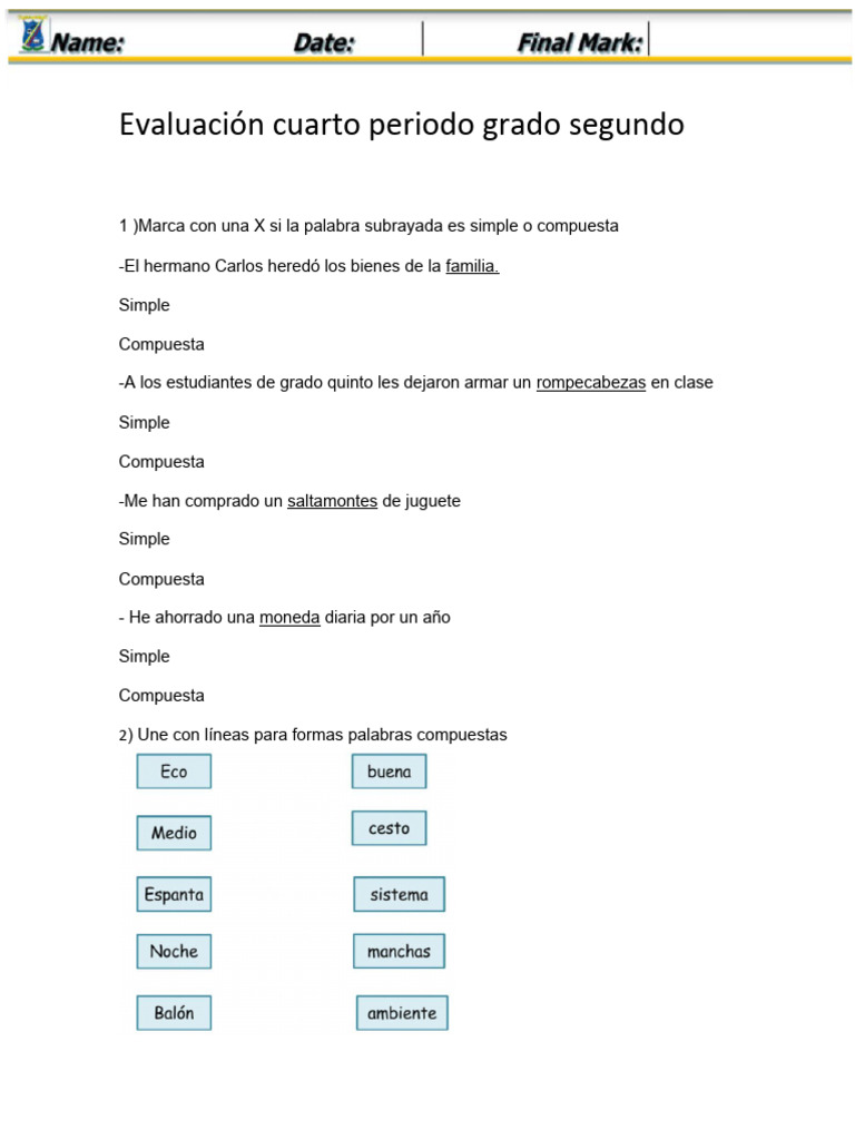 Evaluación Cuarto Periodo Grado Segundo | PDF | Artes del Lenguaje y ...