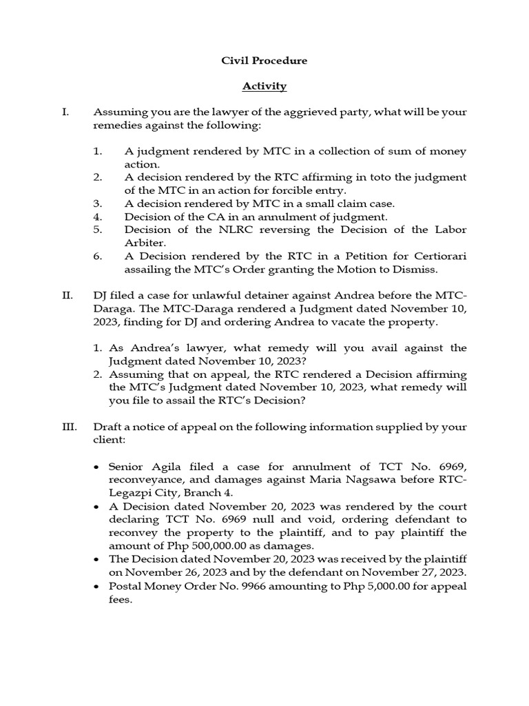 Civil Procedure Activity | PDF | Law