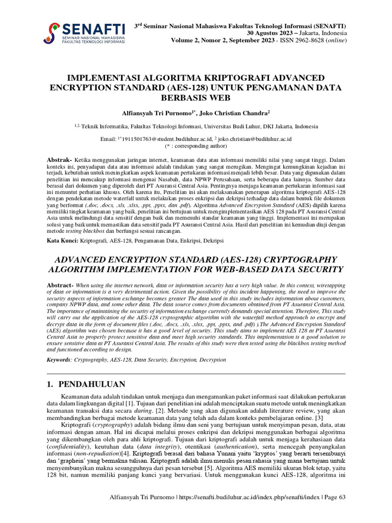 Implementasi Algoritma Kriptografi Advanced Encryption Standard (Aes-128) Untuk Pengamanan Data ...