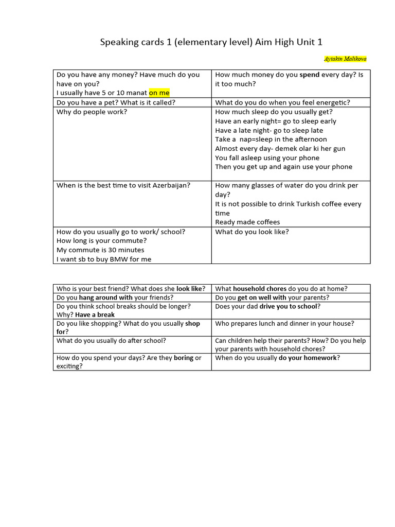 Speaking Cards 1 Aim High 1 Part 1 | PDF