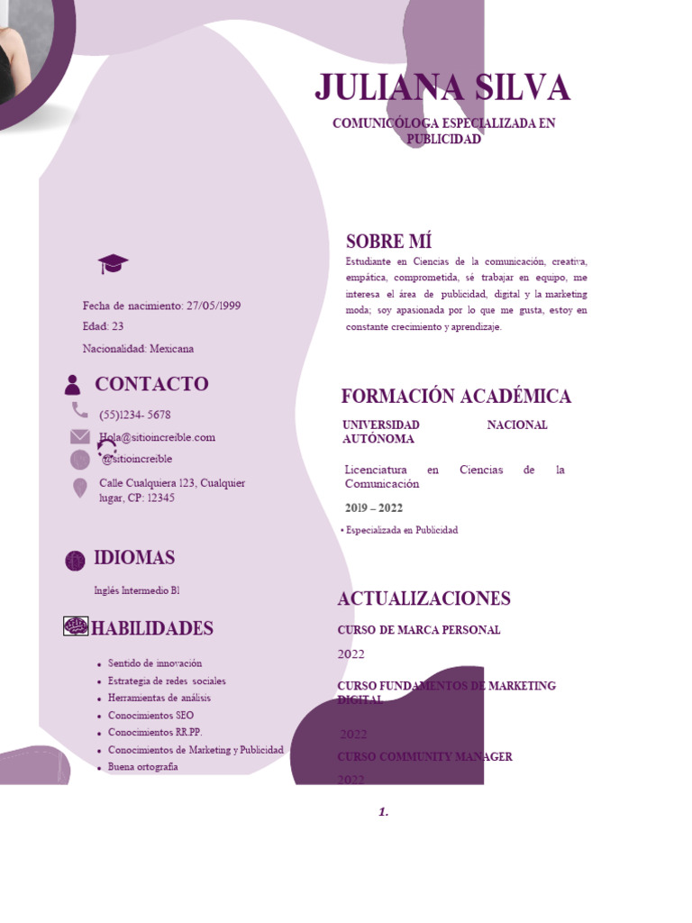 Curriculum Profesional Creativo Morado | PDF