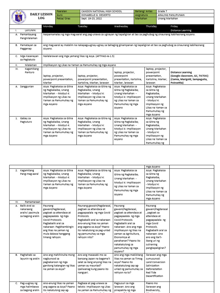 DAILY LESSON LOG - ARALING PANLIPUNAN Q1-Week4 | PDF
