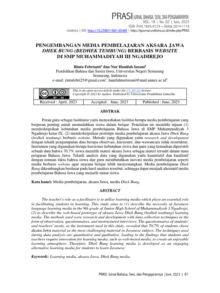 Final To Publish - PENGEMBANGAN MEDIA PEMBELAJARAN AKSARA JAWA DHEK BUNG (BEDHEK TEMBUNG ...