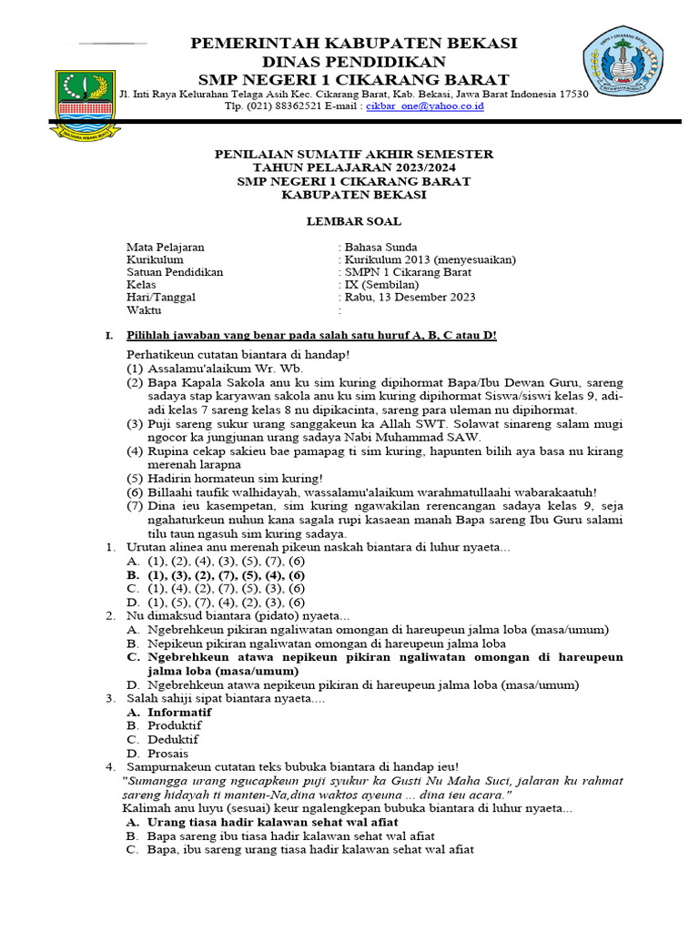 Soal Psas B.sunda Kelas 9 | PDF | Seni & Disiplin Bahasa | Kajian Bahasa Asing