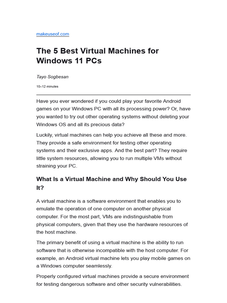 The 5 Best Virtual Machines For Windows 11 PCs | PDF | Hyper V ... The 5 Best Virtual Machines For Windows 11 PCs | PDF | Hyper V ...
