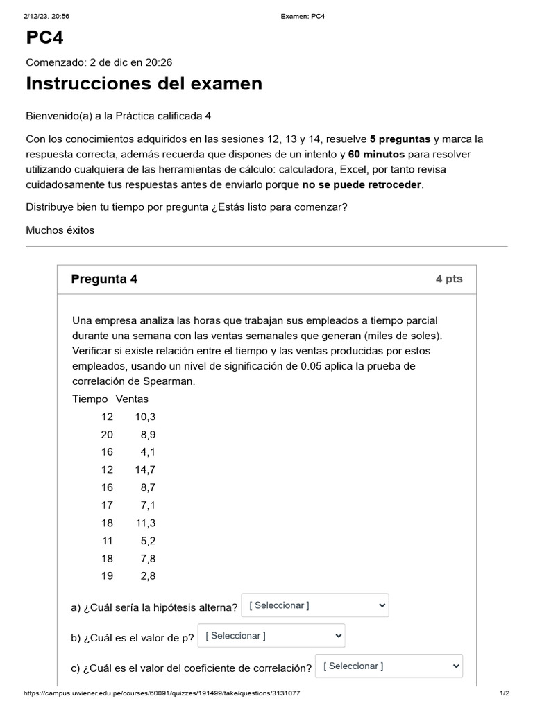 Pc4 Wiener Resuelto | PDF | Valor P | Estadísticas