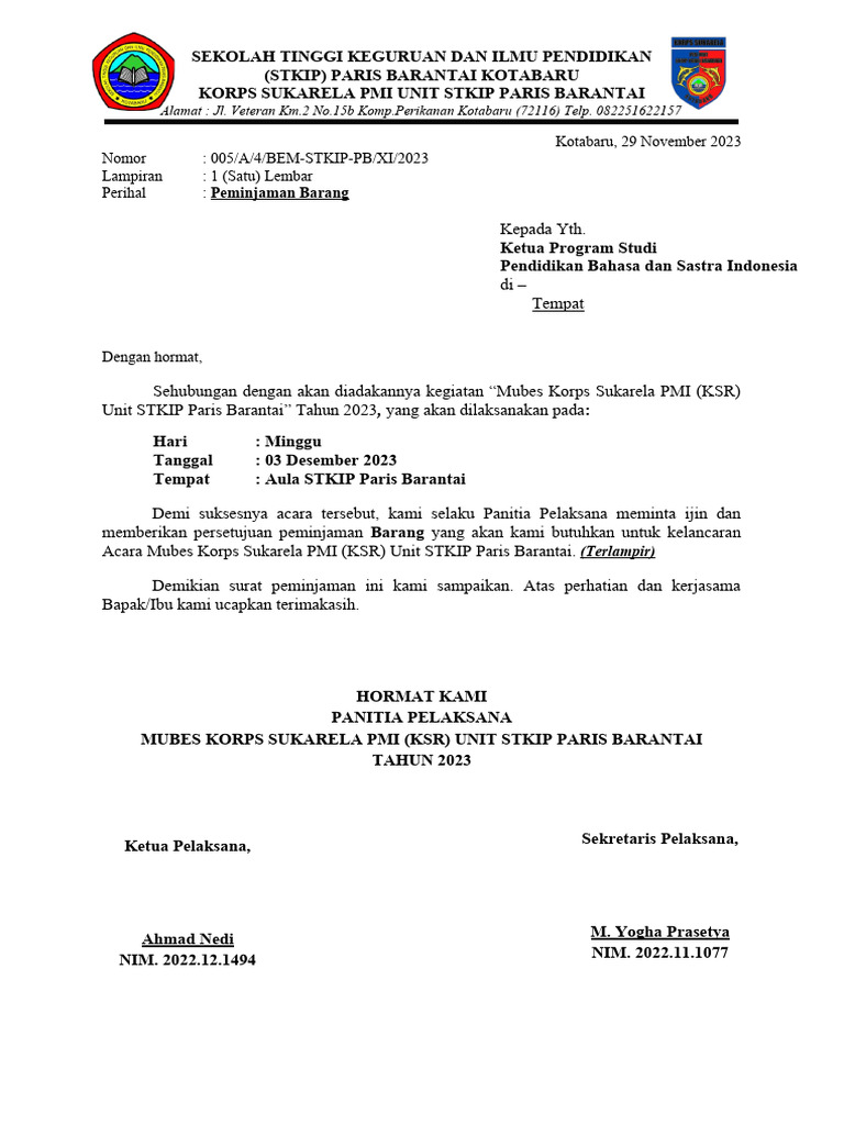 SURAT PEMINJAMAN BARANG Prodi | PDF SURAT PEMINJAMAN BARANG Prodi | PDF