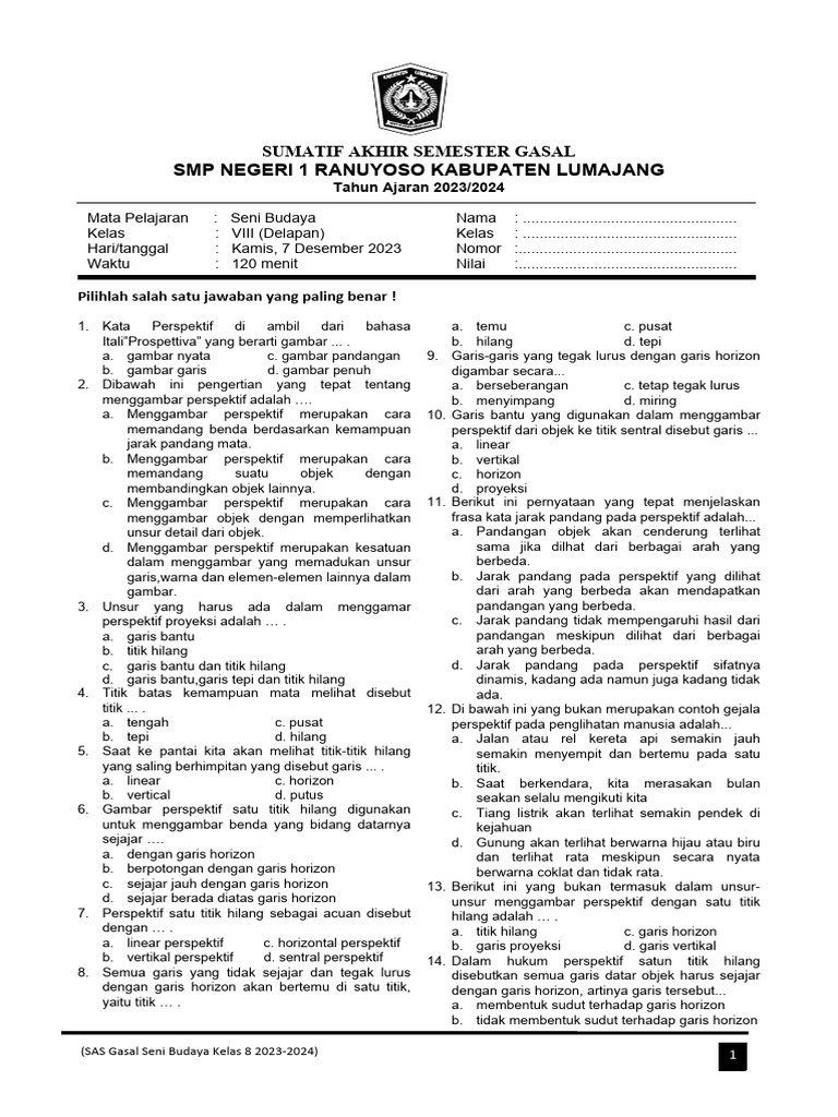 Naskah Soal Sas Ganjil Seni Budaya 8 2023 Ok | PDF