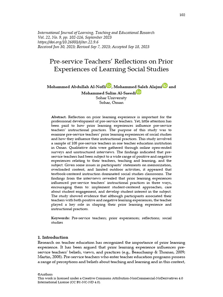 Pre-Service Teachers Reflections On Prior Experie | PDF | Teachers | Learning