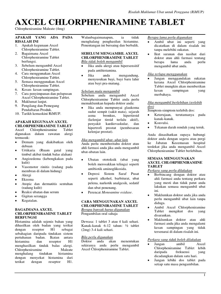 Axcel Chlorpheniramine Tablet 4mg (Chlorpheniramine) Kotra Pharma (M) Sdn. Bhd. 2oct2014 BM | PDF